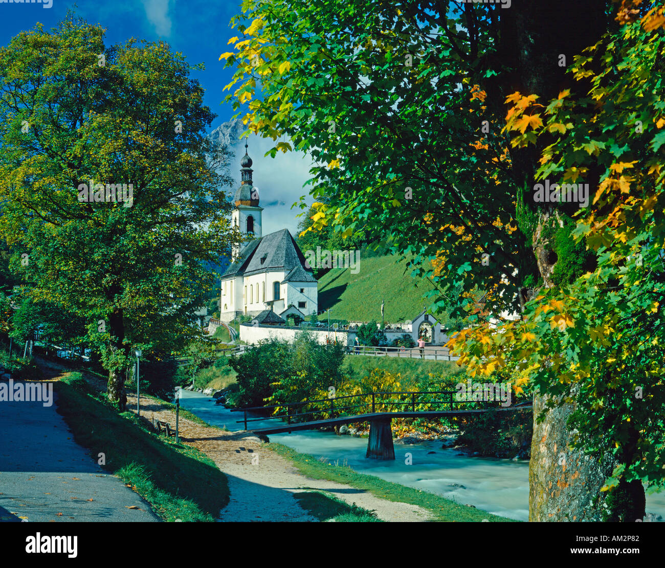 Bavarian church along stream in Ramsau Germany Stock Photo - Alamy
