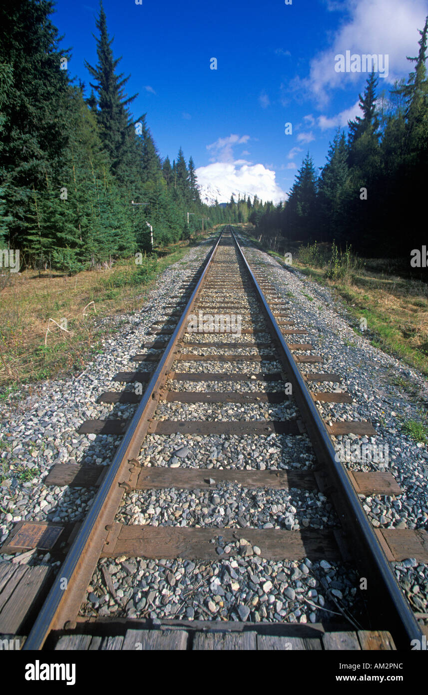 Railroad tracks leading to a snowy mountain off of Seward Highway in ...