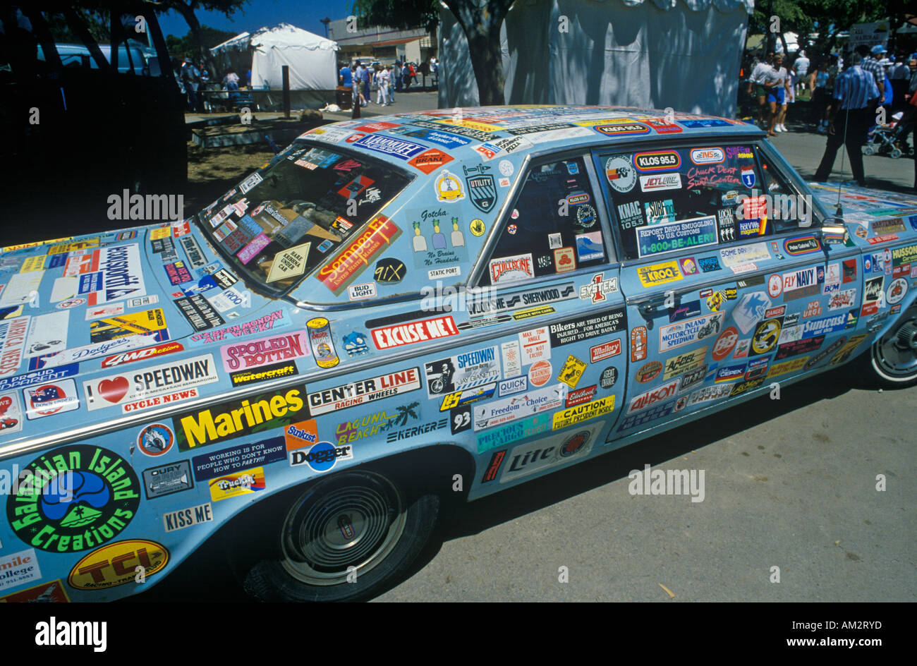 A bumper sticker encrusted car at the Orange County fair grounds Stock ...