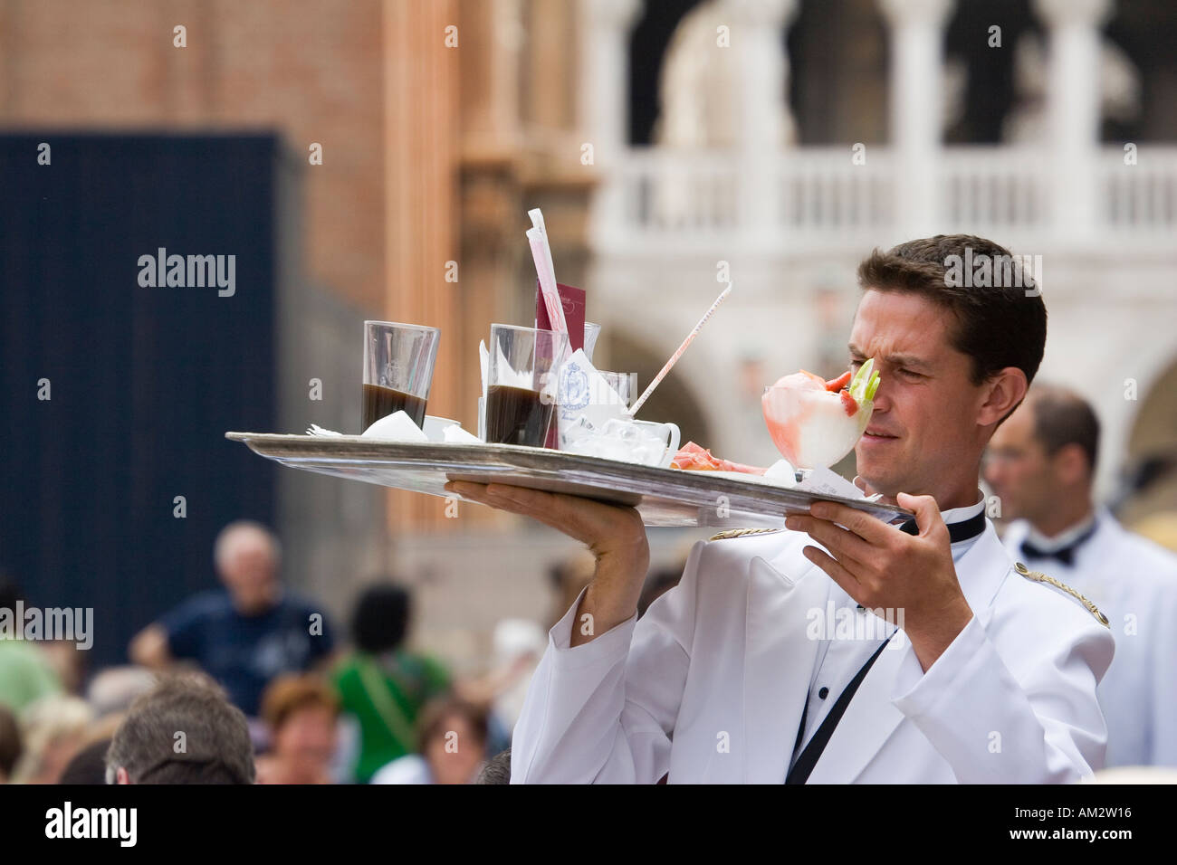 Waiter with tray at Cafe Florian at the Piazza San Marco Venice Italy ...