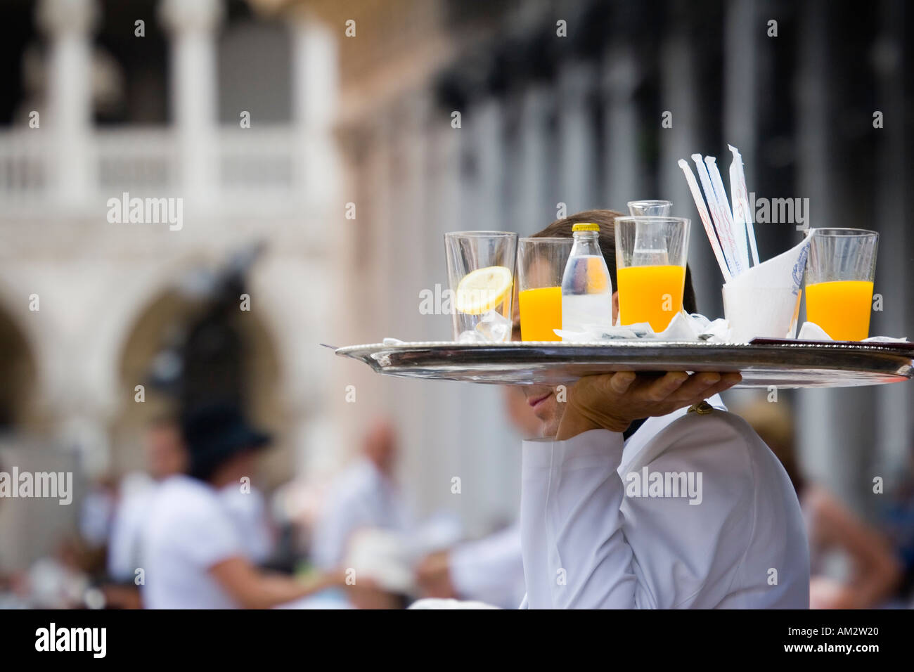 Waiter with tray at Cafe Florian at the Piazza San Marco Venice Italy ...