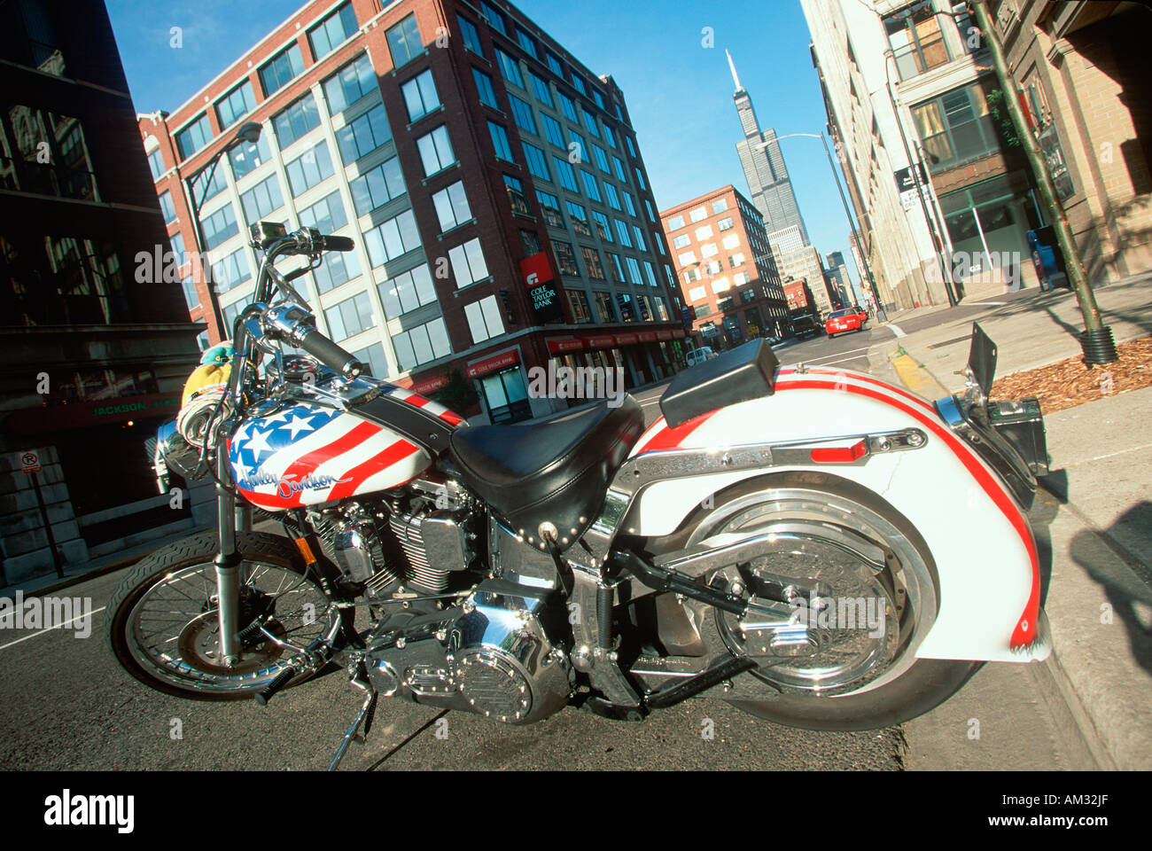 A red white and blue Harley Davidson motorcycle in Chicago Illinois ...