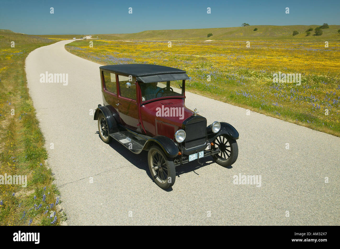 A maroon Model T driving down a scenic road surrounded by spring ...