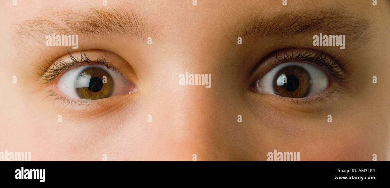 Eyes: close-up of a young Caucasian person with brown wide open eyes ...
