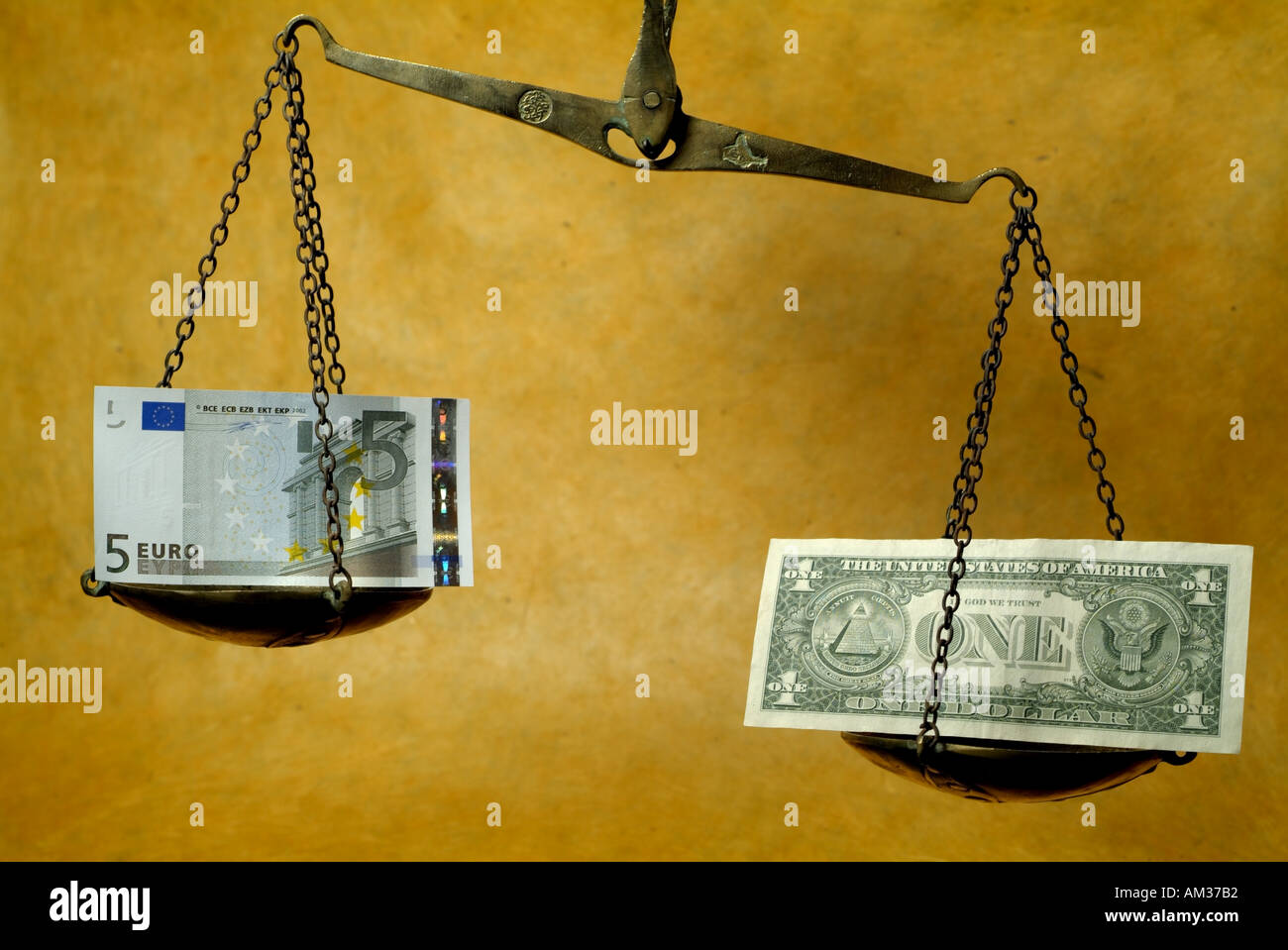 Scale weighing a five euro banknote and a one dollar banknote Stock ...