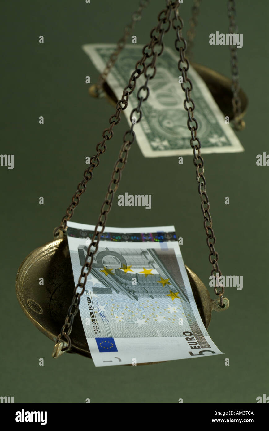 Scale weighing a five euro banknote and a one dollar banknote Stock ...