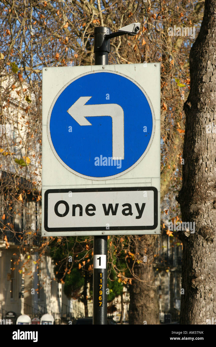 Road sign indicating one way and left turn only Stock Photo - Alamy