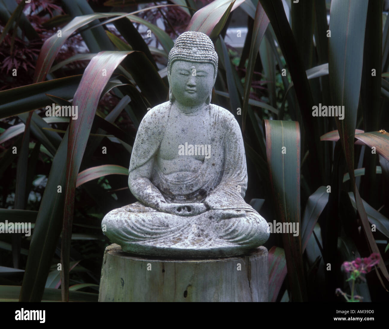 Granite statue of Buddha sitting crossed legged on a plinth Stock Photo ...