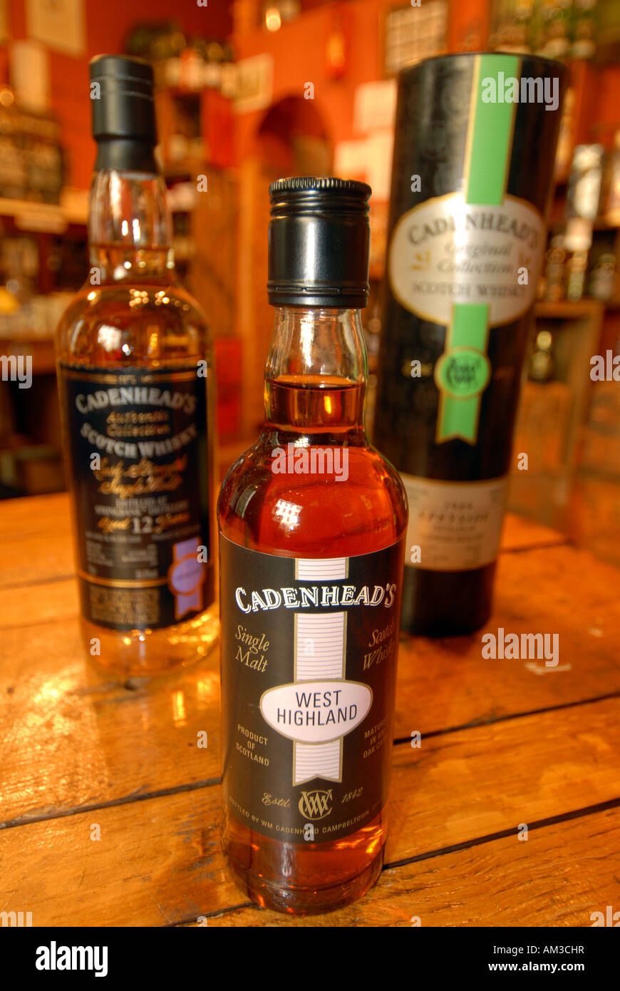 bottles of cadenhead's scotch whisky edinburgh scotland Stock Photo - Alamy