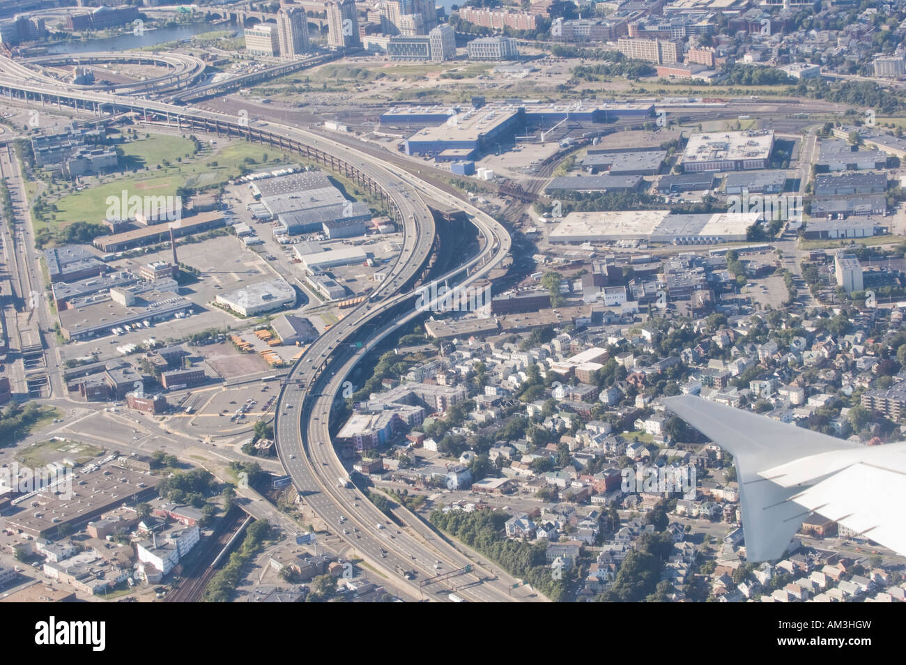 Aerial view of Boston Massachusetts with Interstate 93 snaking through ...