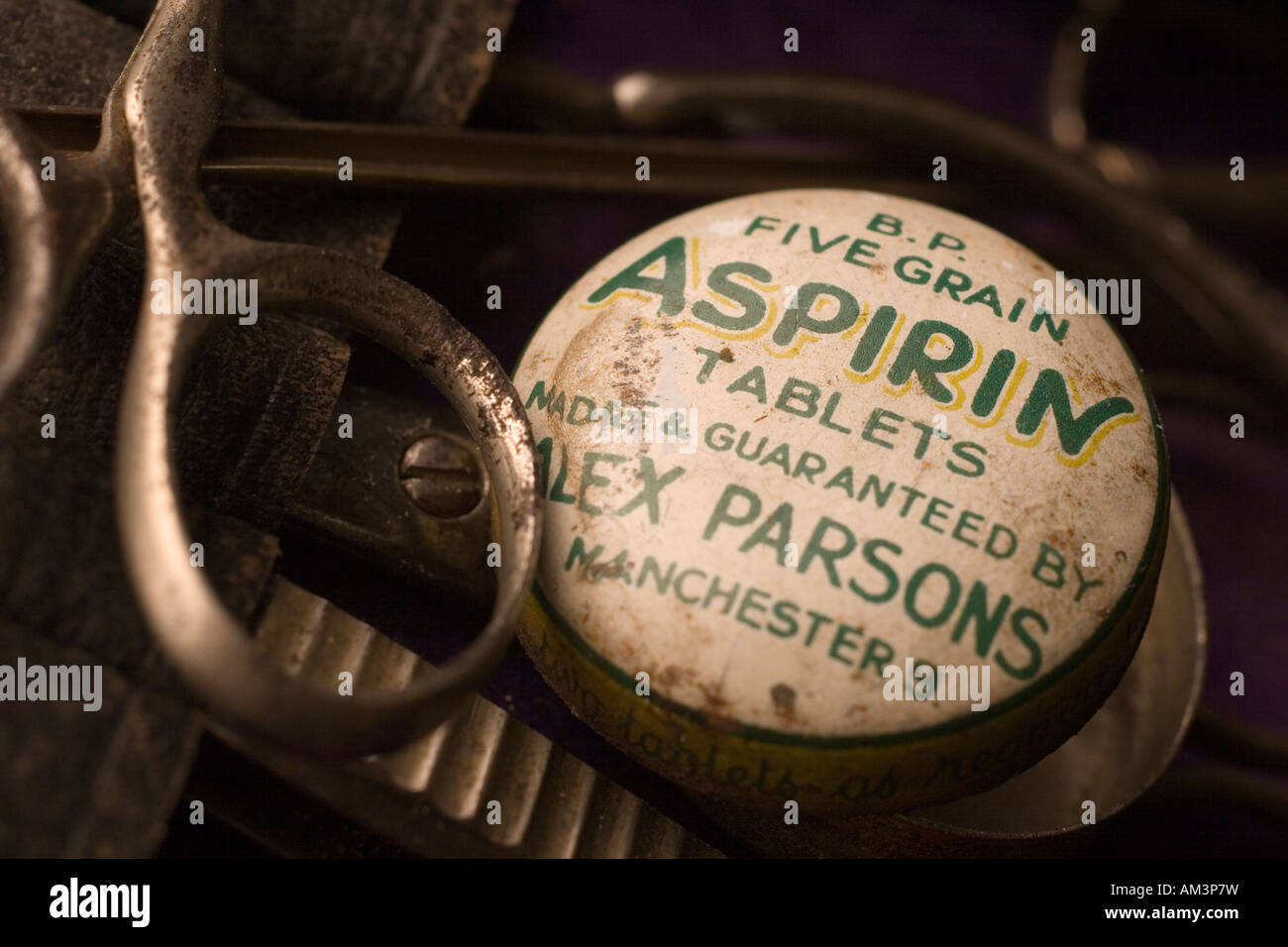 antique aspirin tin arranged with pocket surgical kit Stock Photo - Alamy