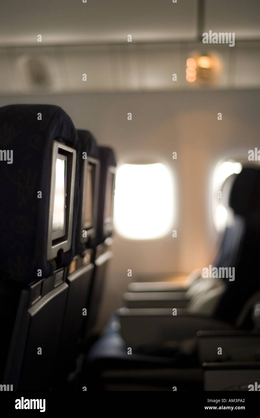 Empty seats in Boeing 747 400 airplane with built in LCD screens Stock ...