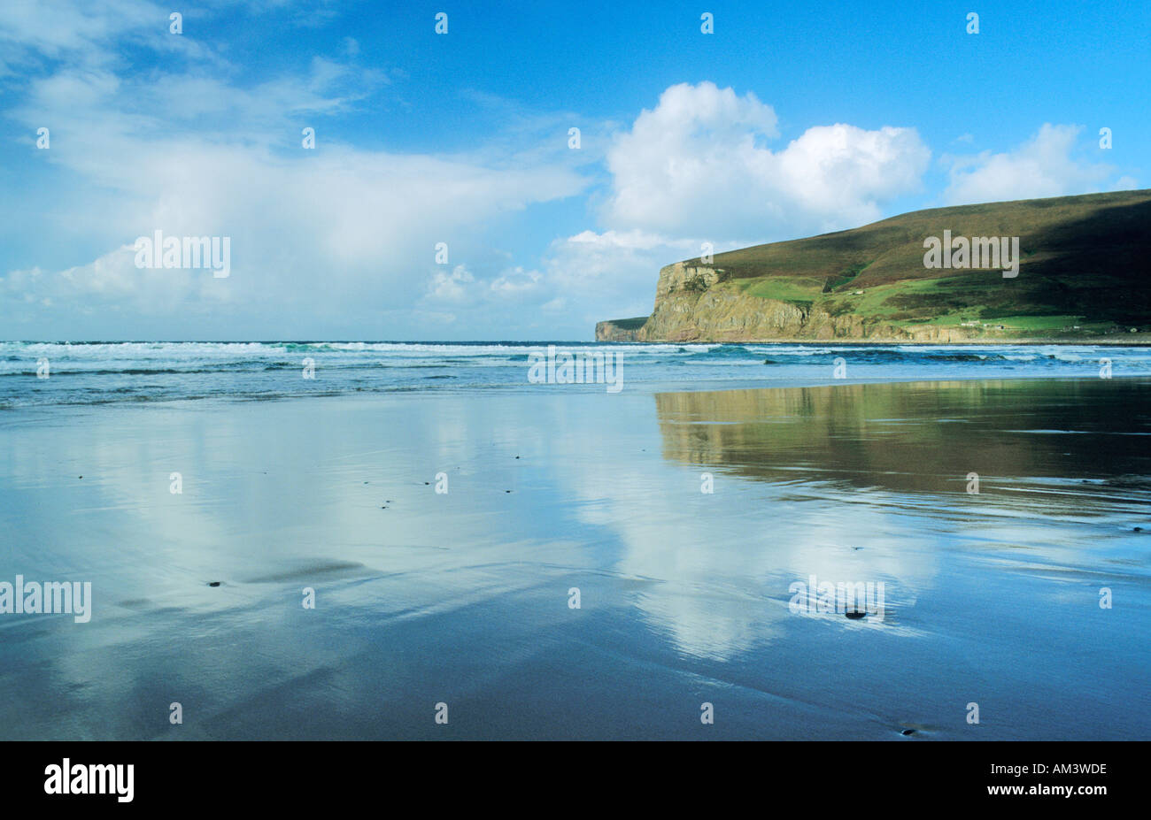 Reflection on beach at Rackwick Bay, Hoy, Orkney, Scotland Stock Photo ...