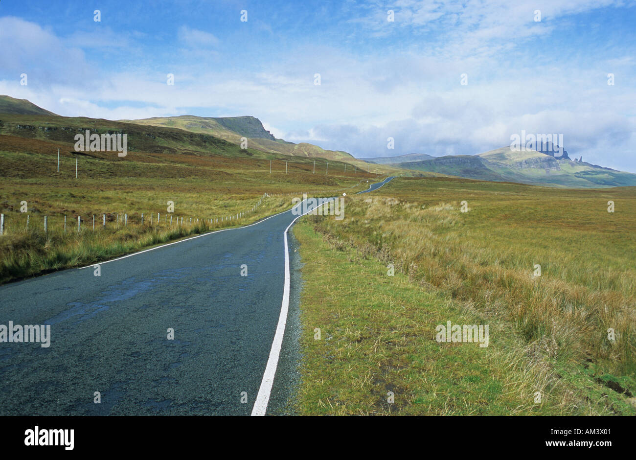 single lane Staffin road (A855) north of Portree with Old Man of Storr ...