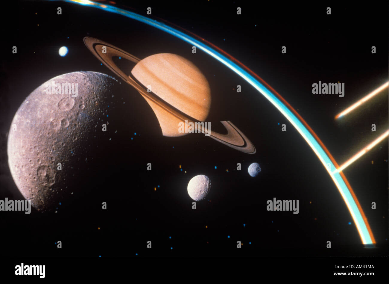 Space special effects composite with moons Saturn stars and laser light ...