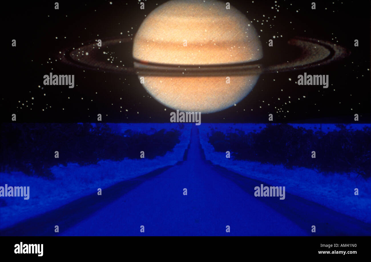 Saturn against a starry background above a glowing blue highway Stock ...