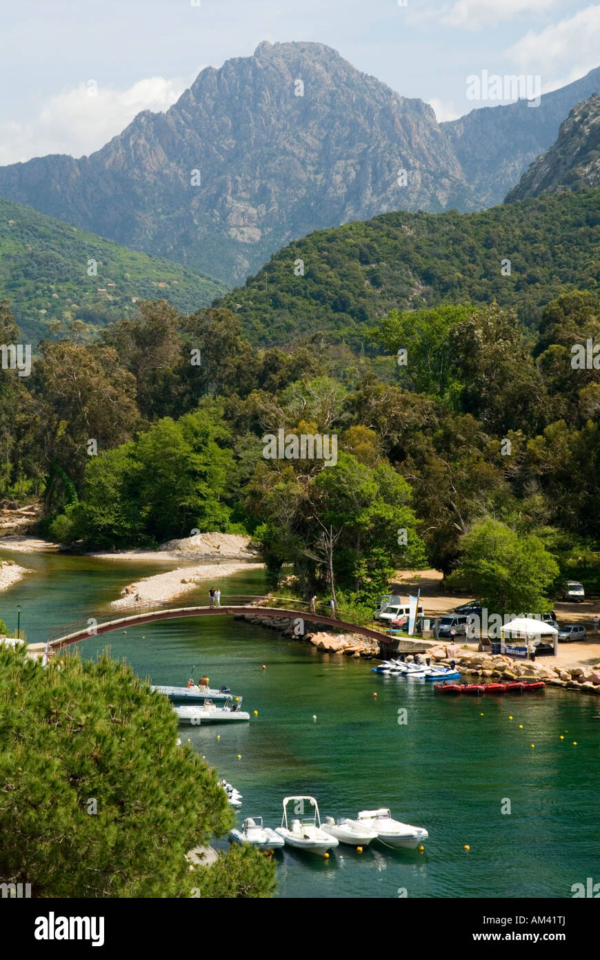 Europe, France, Corsica, Porto. Harbor and campground. Footbridge links ...