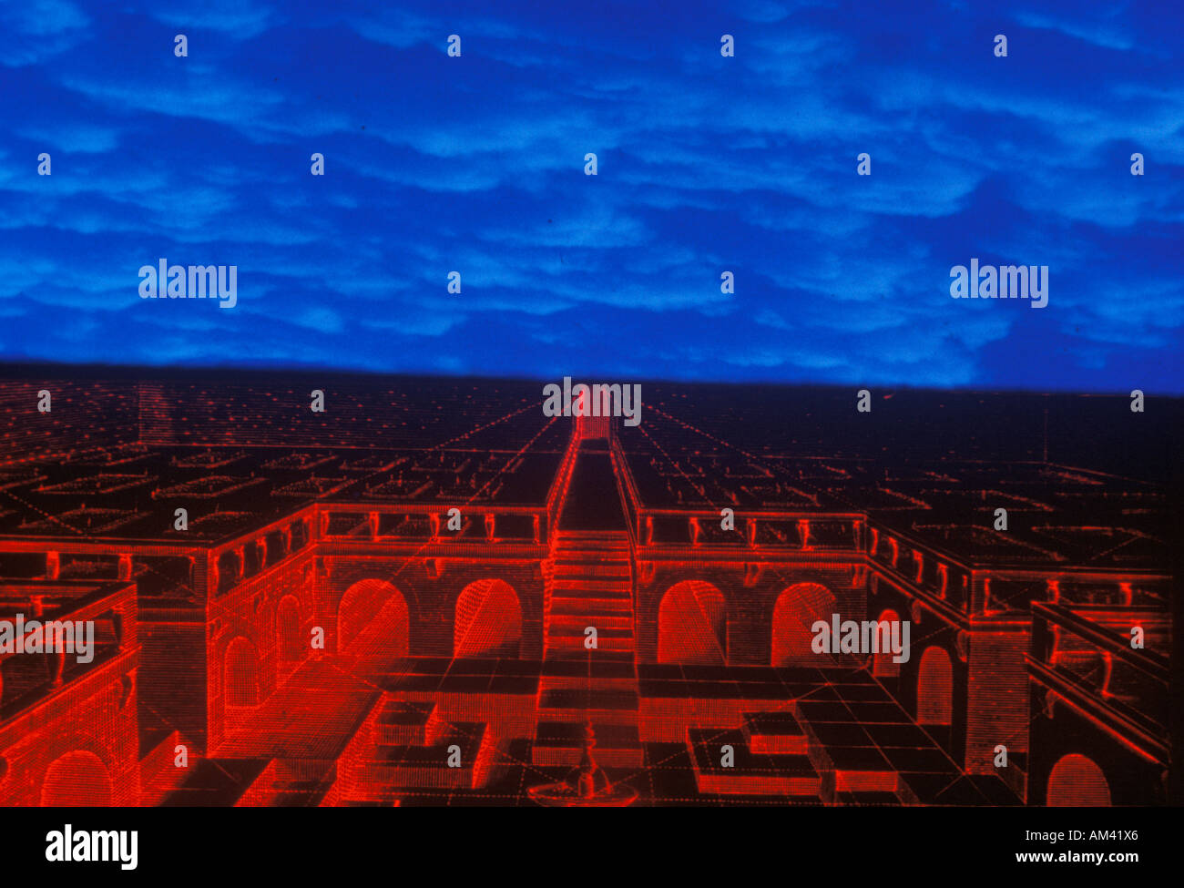 Space special effects composite of a red alien cityscape and blue ...