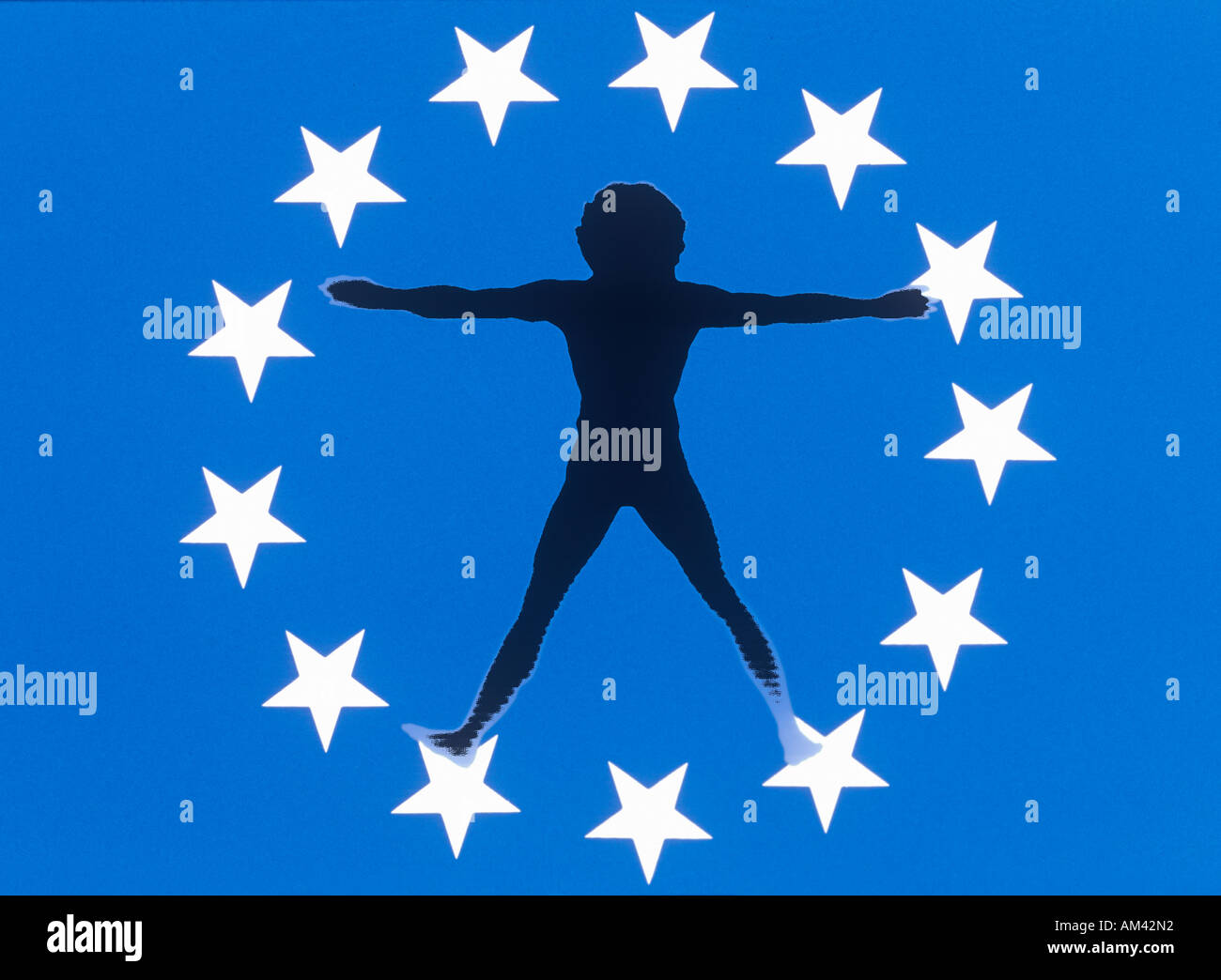 Blue background and circle of 13 white stars behind silhouette of New ...