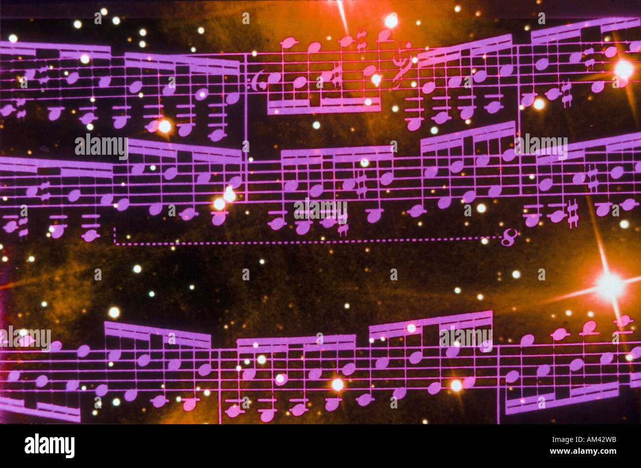 Space special effects composite of red and green musical notes and ...