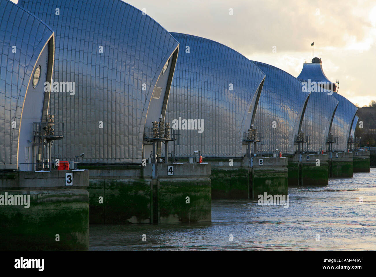 The Thames Barrier flood control structure on the River Thames ...