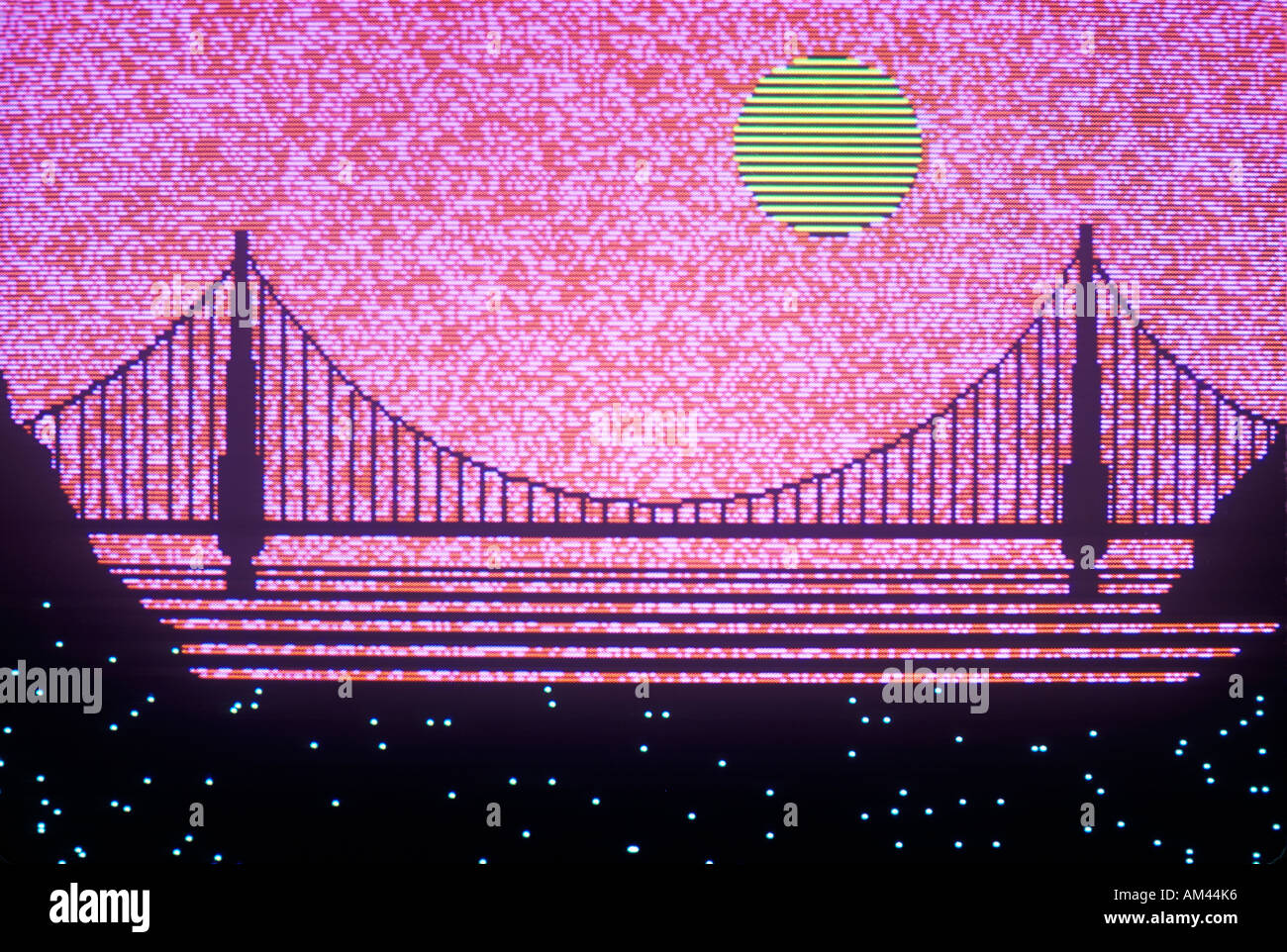 Early computer graphic of suspension bridge at sunset Stock Photo - Alamy