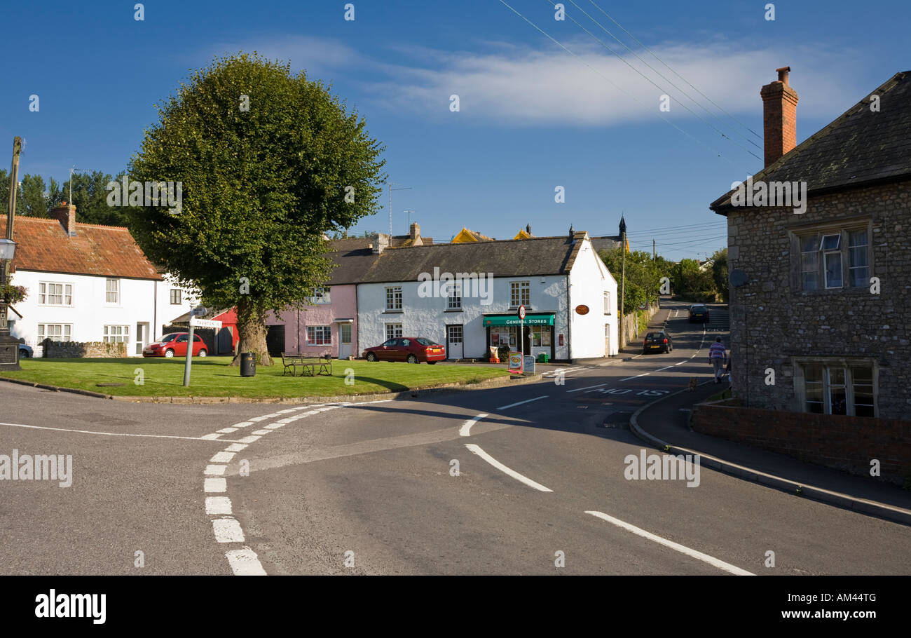 Village green and small Post Office at Combe St Nicholas Somerset UK ...