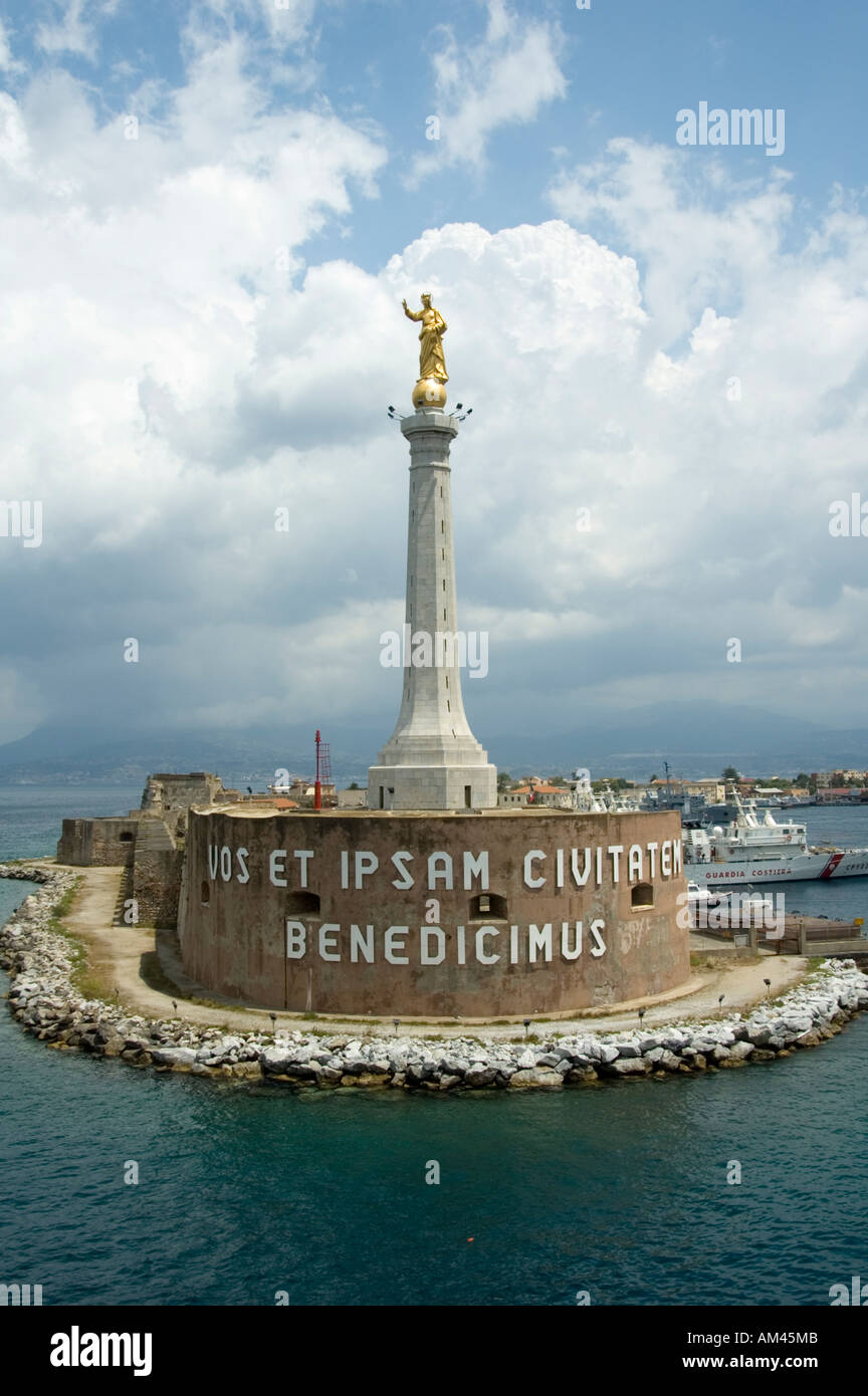 The Virgin Mary statue at the entrance to the port of Messina at ...