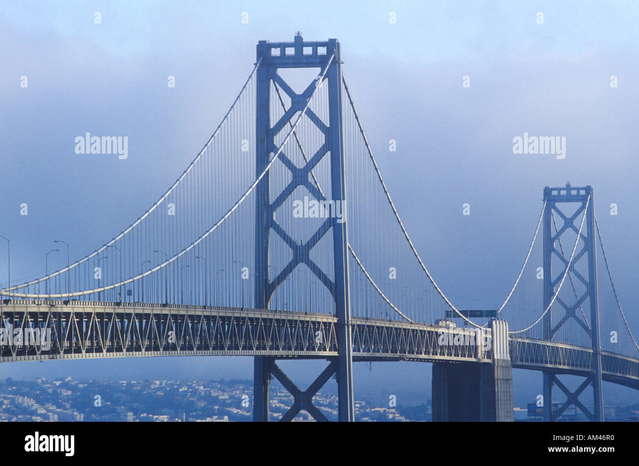 Fog enshrouded San Francisco and Bay Bridge as seen from Treasure ...