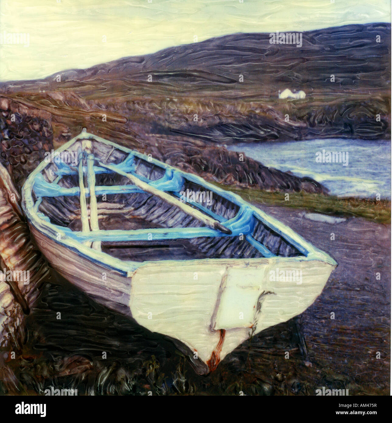 Europe, Ireland, near Donagel. White rowboat with blue trim by harbor ...