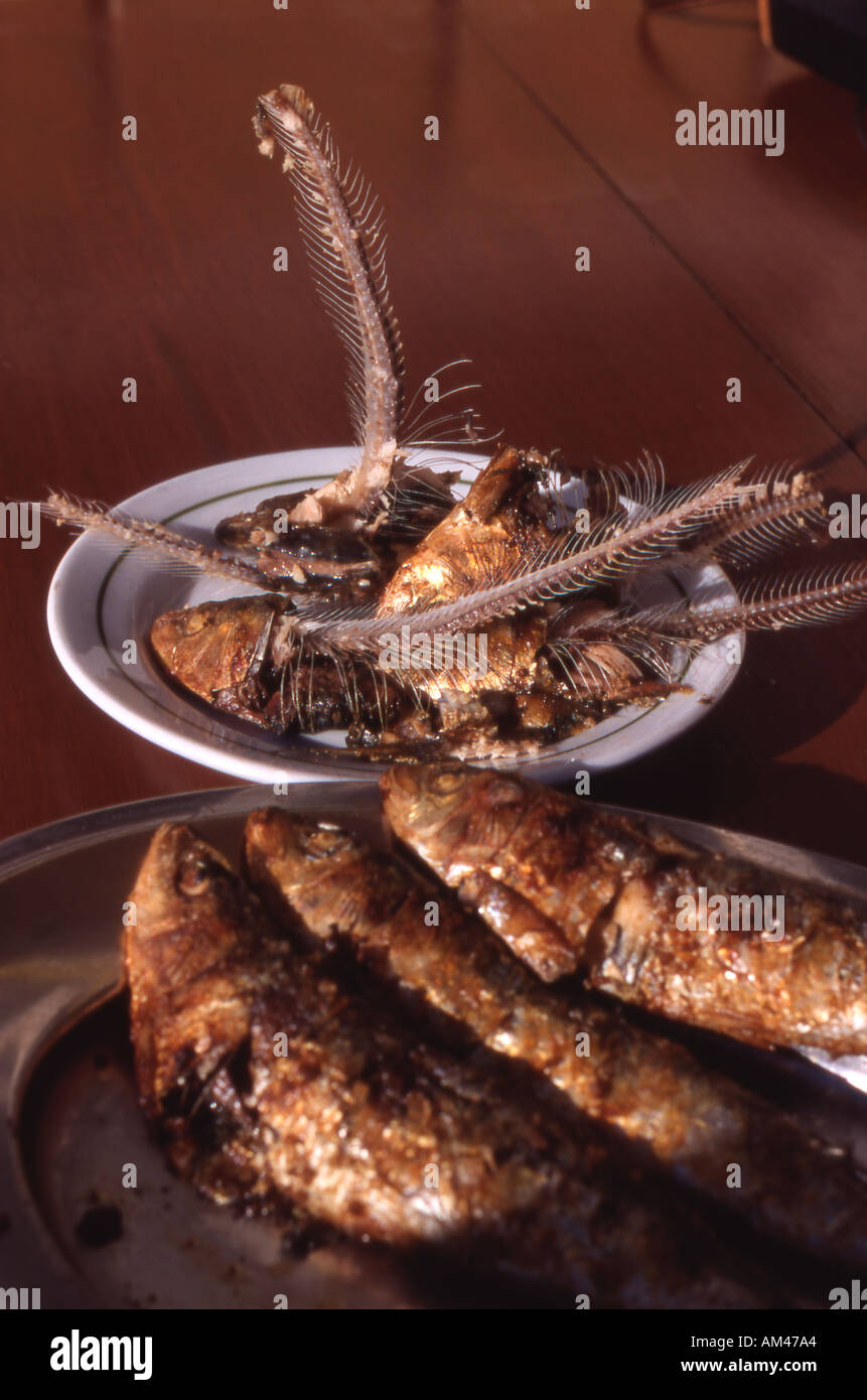Plate of barbecued sardines and fish bones in Sun Stock Photo - Alamy