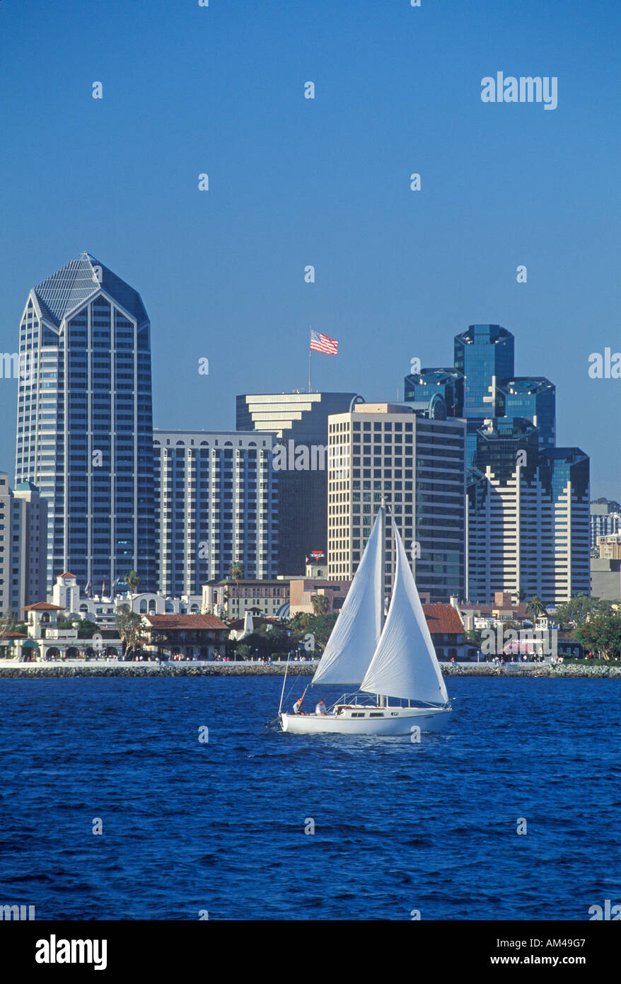 Sailboat sails in view of the San Diego skyline as seen from Coronado ...