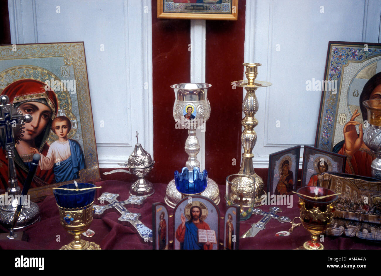 Romania, Transylvania, Sibiu, Orthodox religious objects in shop window ...