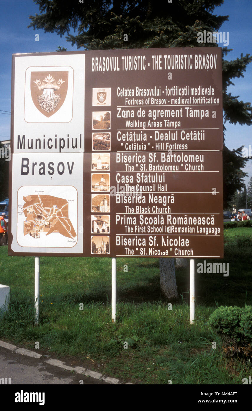 Romania, Transylvania, Brasov, tourist information sign near the train ...