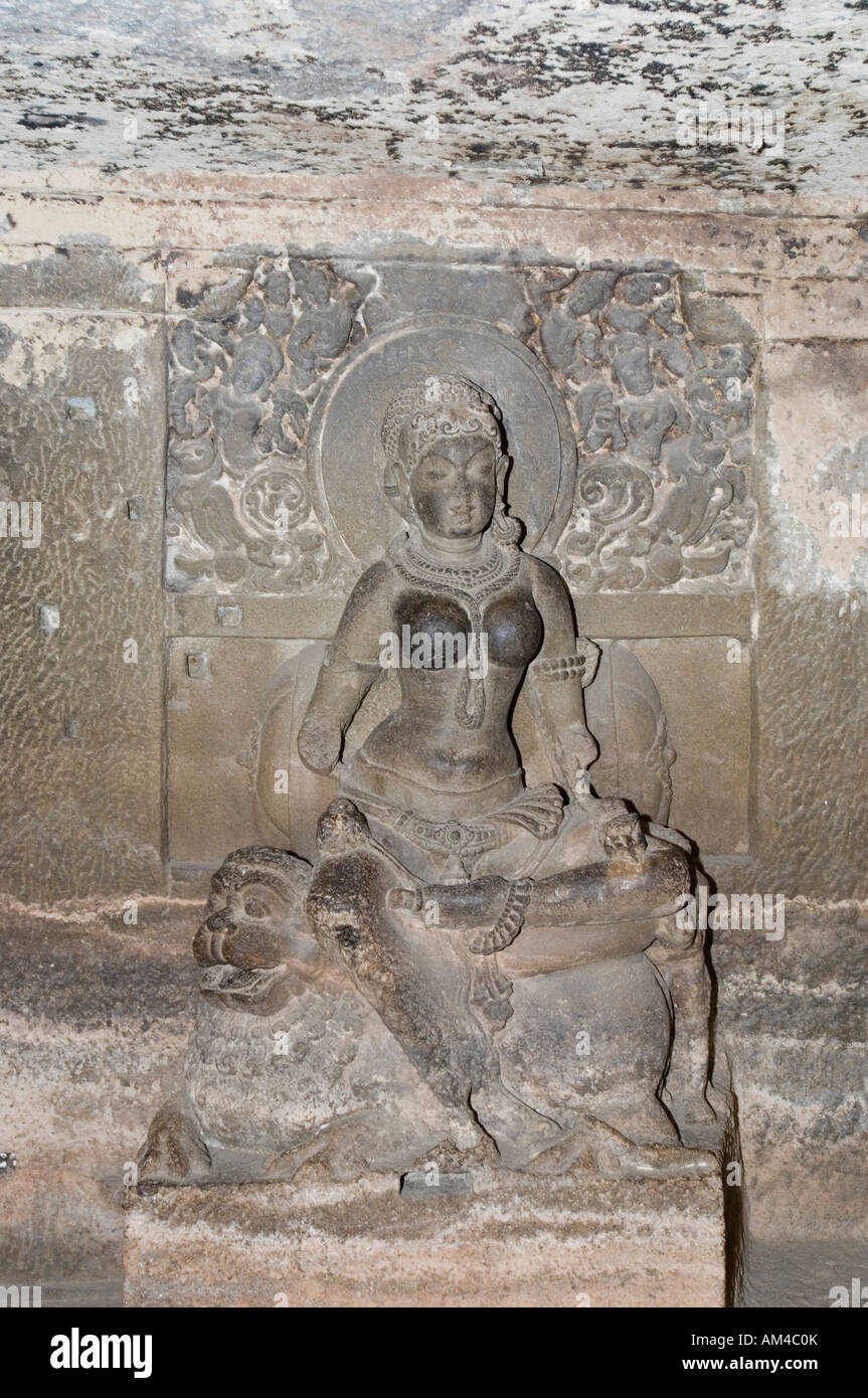 Statue of Jain goddess carved in a cave, Ellora, Aurangabad ...