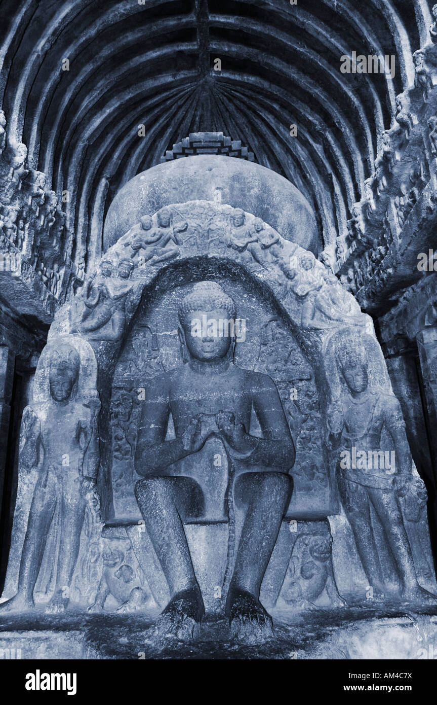 Statue of Buddha in a cave, Buddhist Chaitya Hall, Ellora, Aurangabad ...