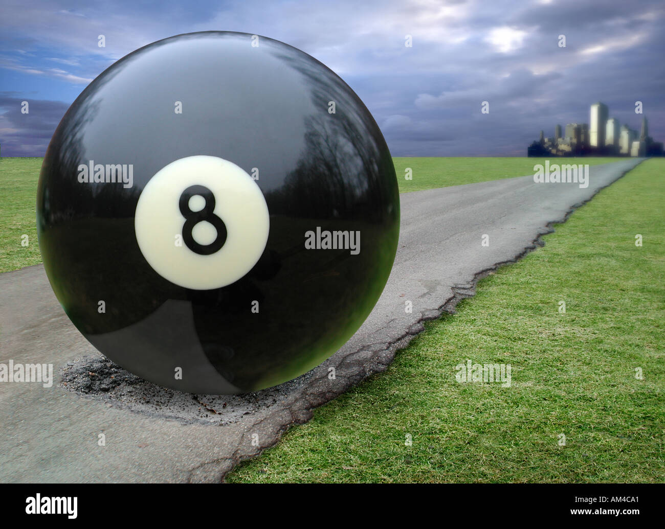 8 Ball in the Road blocking the way to a city Stock Photo - Alamy