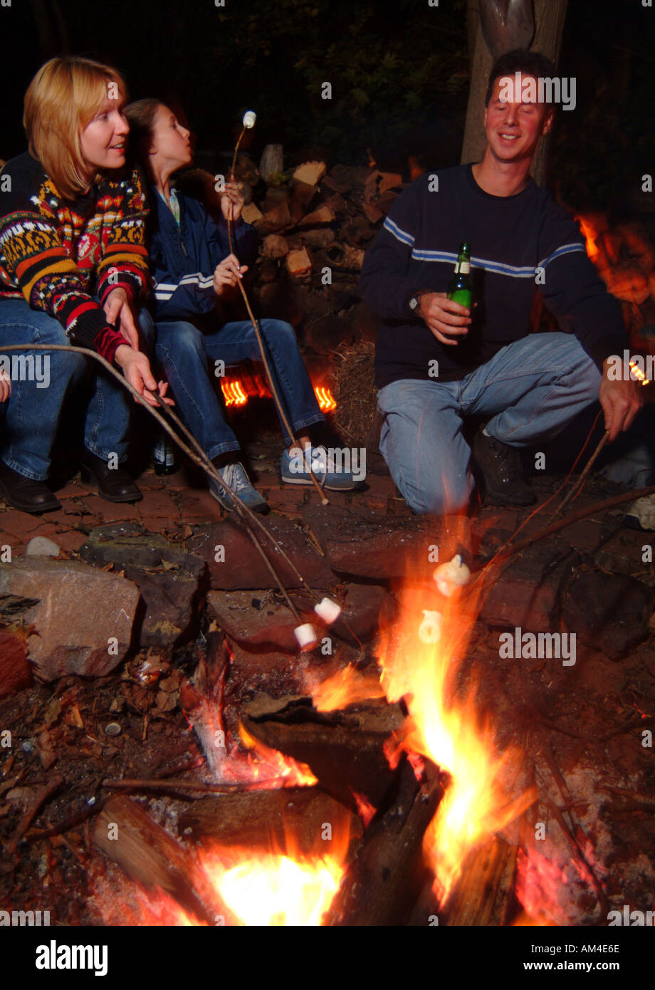A family toasting marshmallows over a campfire Stock Photo - Alamy