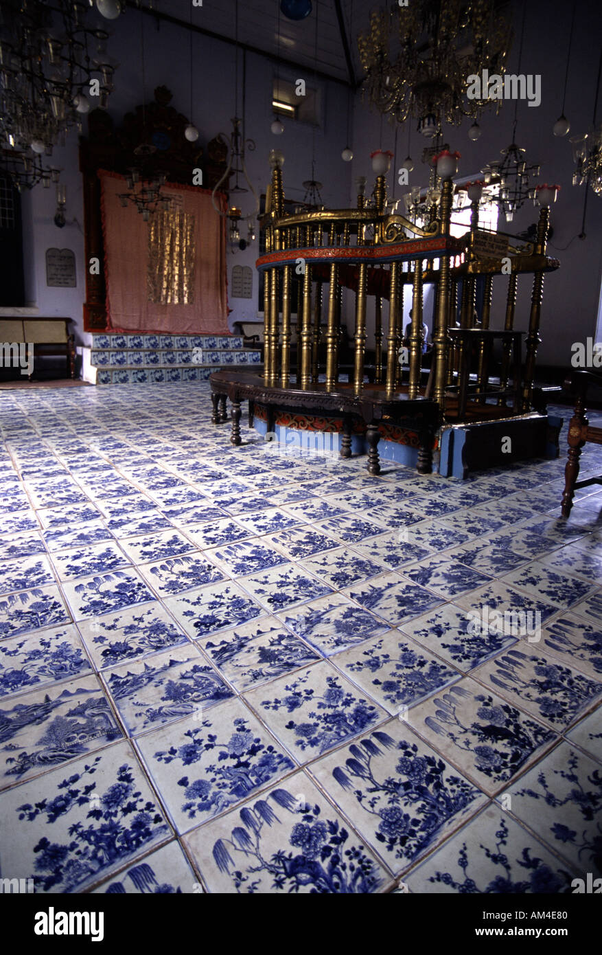 The Jewish synagogue with blue and while floor tiles in Cochin India ...