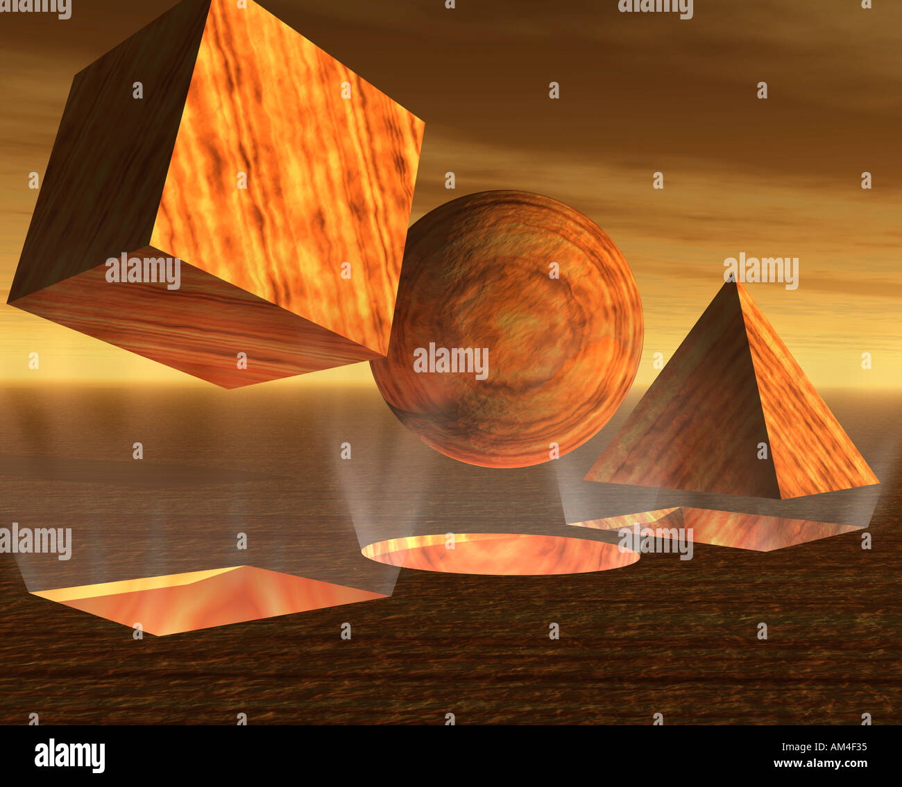 geometric shapes, cube, sphere, pyramid, created in Bryce Stock Photo ...