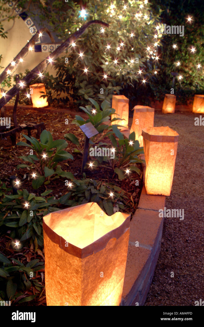 Luminaries along a path at Christmas Stock Photo - Alamy