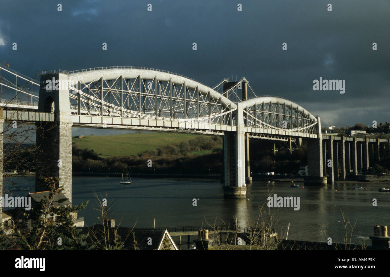 the Brunel Albert Bridge at Saltash Cornwall UK against a stormy sky ...