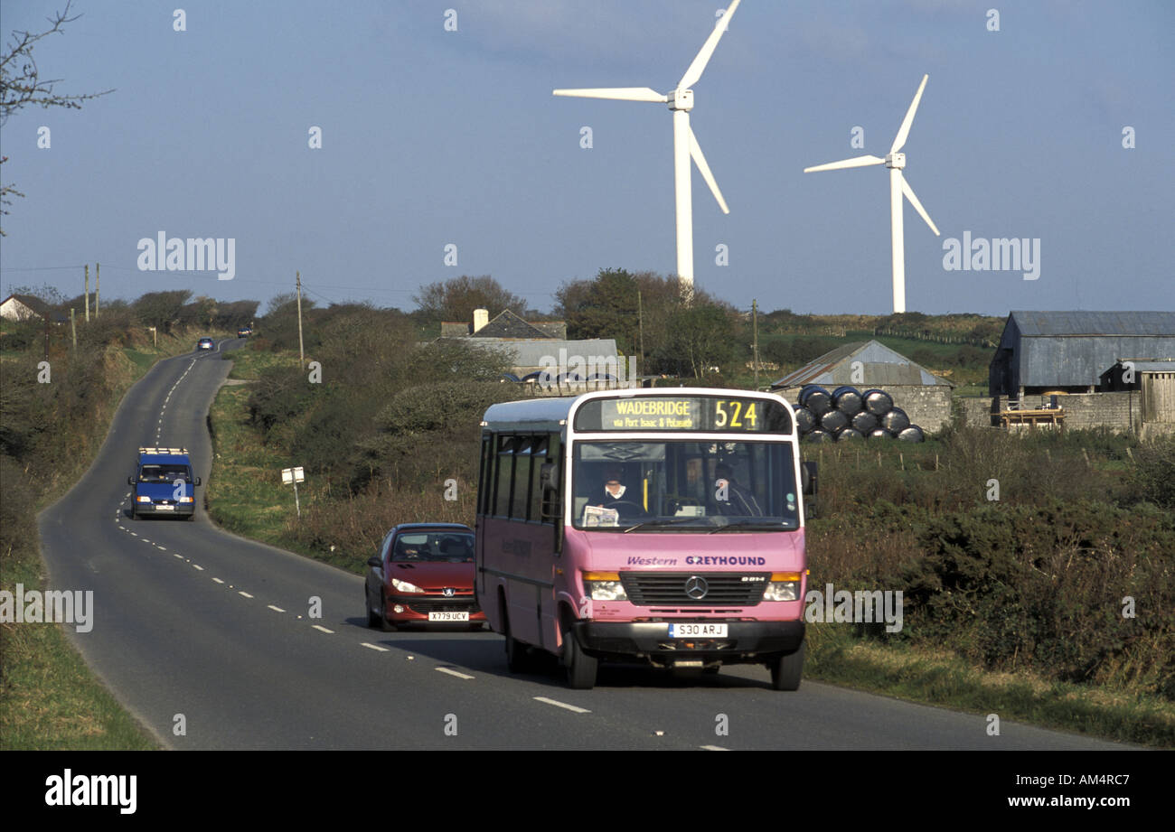 Country bus service passes wind turbines near Delabole in Cornwall ...