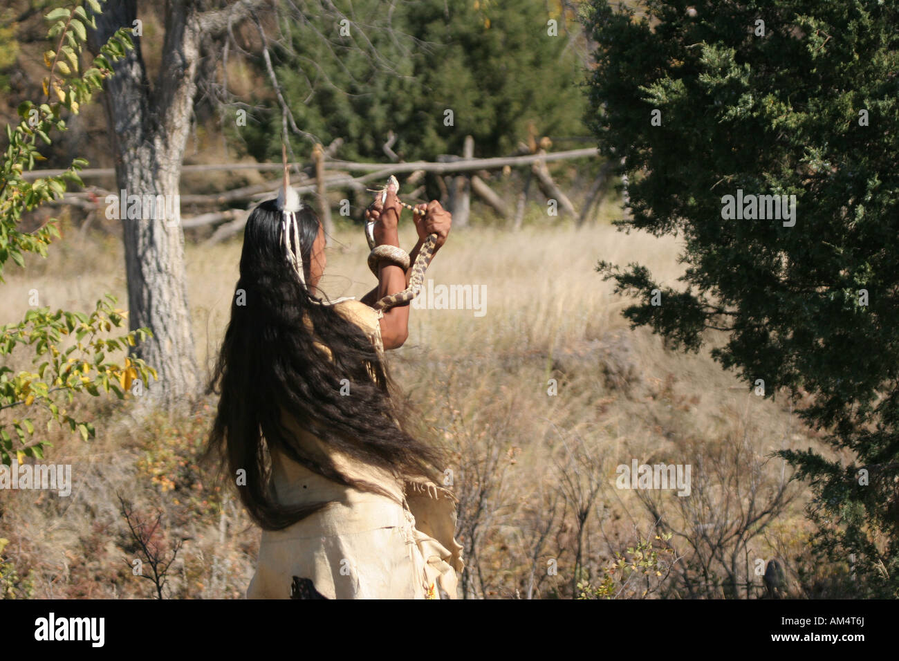 A Native American Indian boy holding a snake that he caught in a tipi ...
