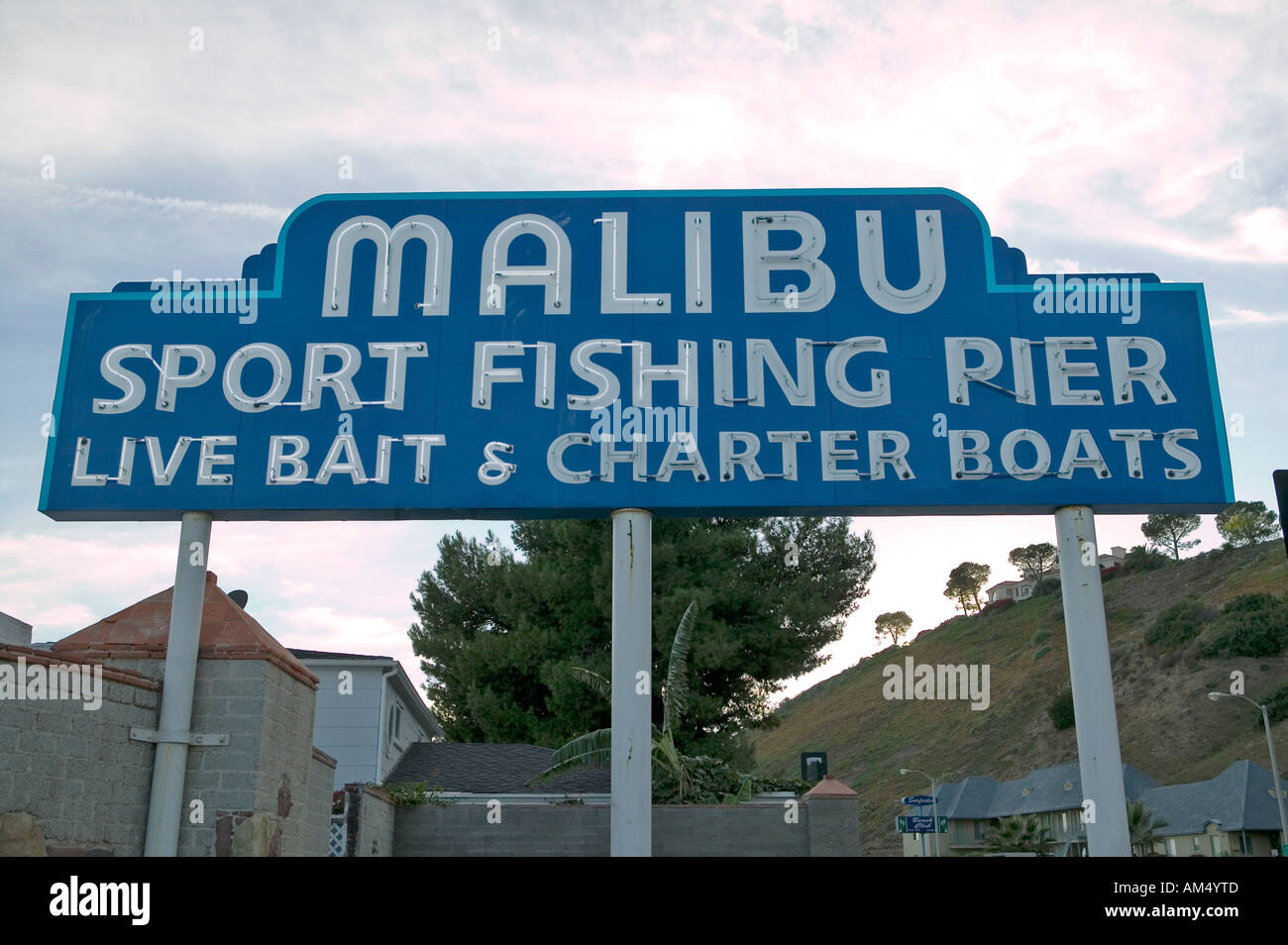 The Malibu Sport Fishing Pier sign at the newly remodeled Malibu Pier ...