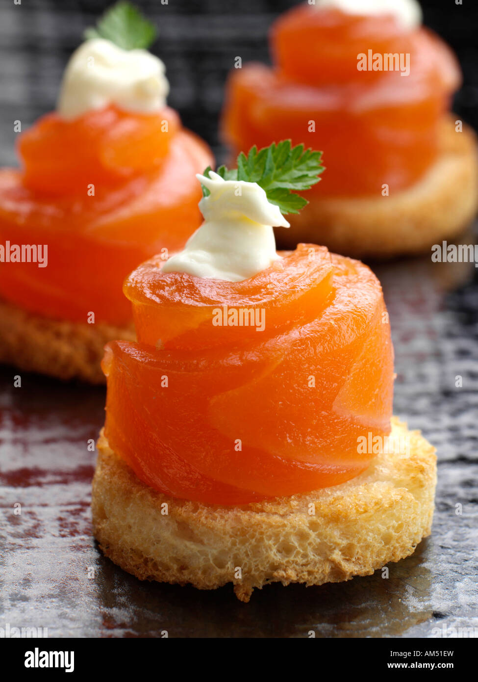 Cured salmon canapes gourmet editorial food Stock Photo - Alamy