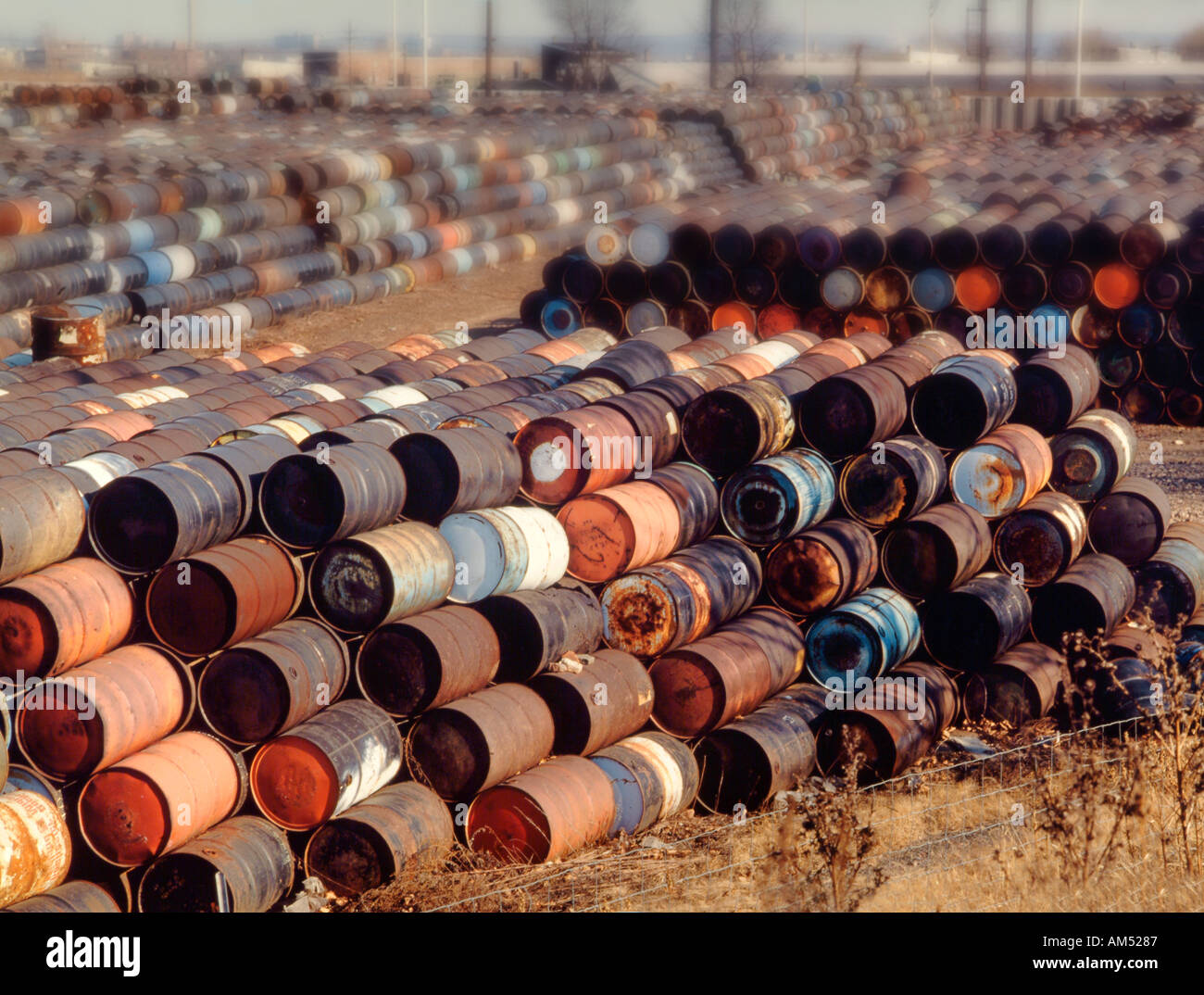 huge stacks of toxic waste drums Stock Photo - Alamy