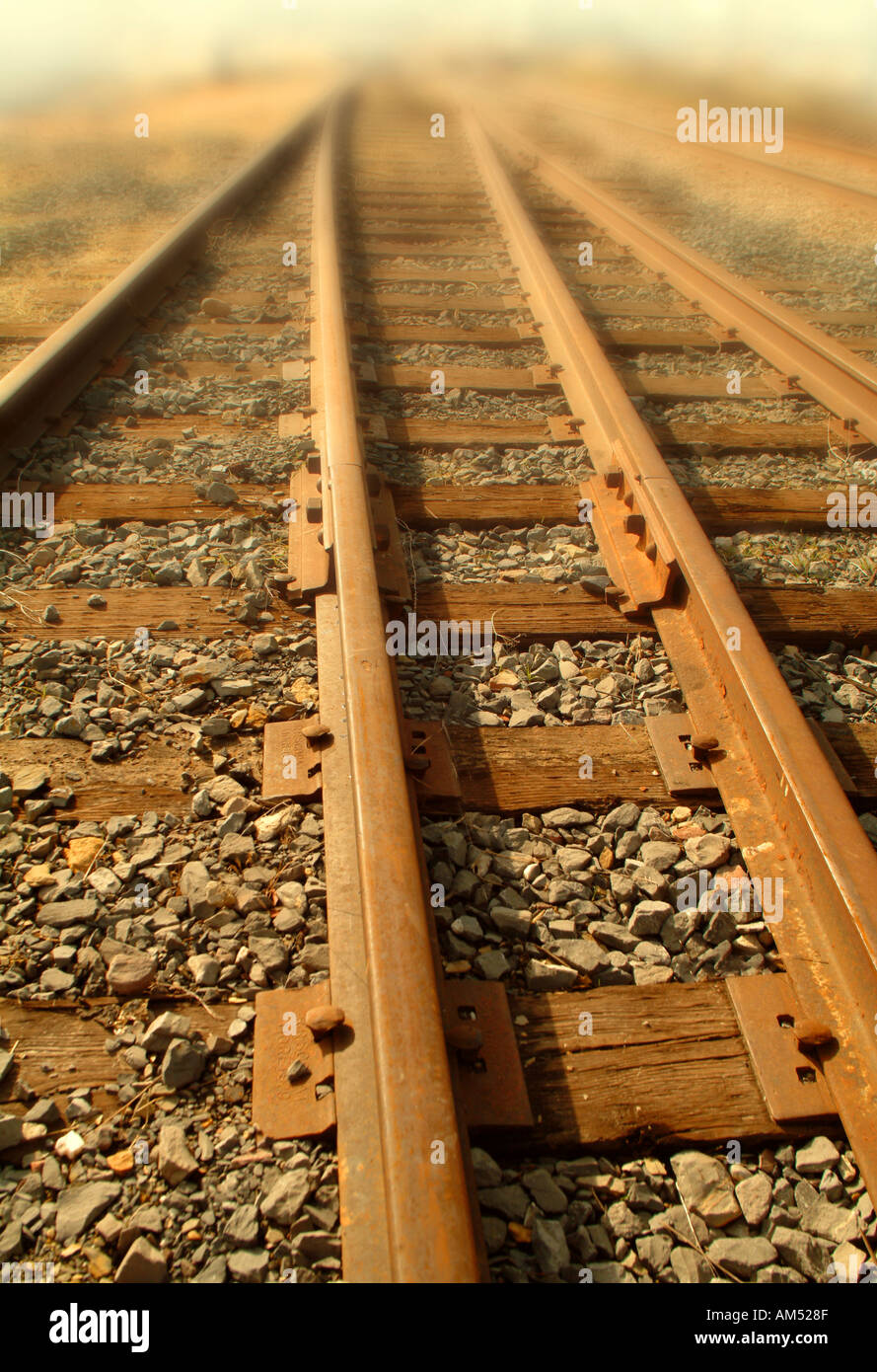 train tracks stretch away from the viewer into the distance Stock Photo - Alamy