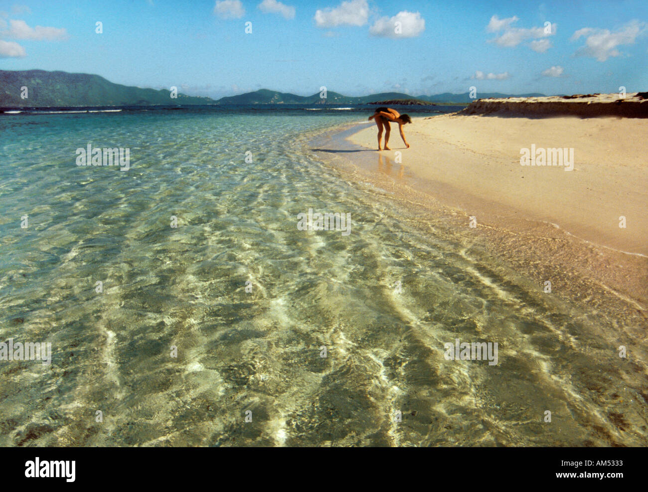 woman walking and picking up shells on Caribbean island beach. This one ...