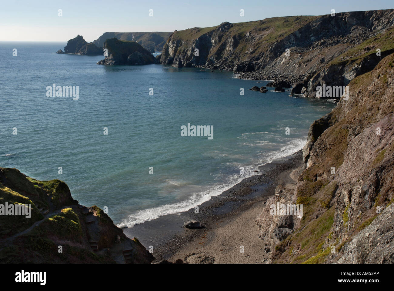 View at beach, waves and cliffs, Cornwall, Great Britain Stock Photo ...